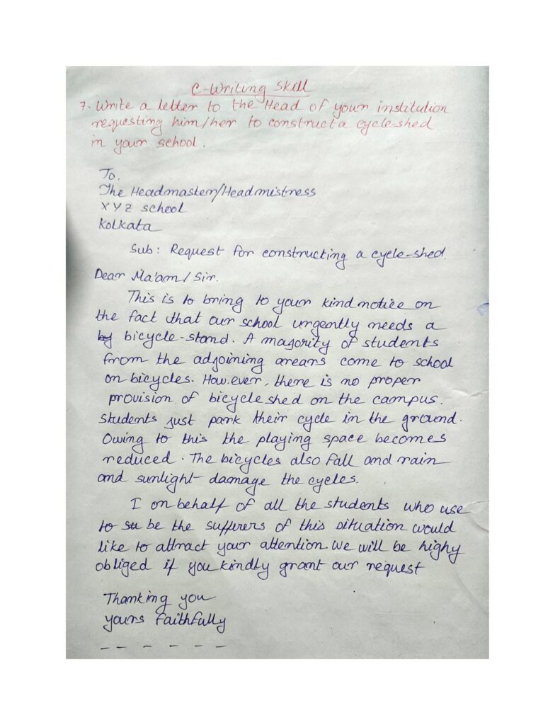 Letter to your Headmaster requesting for Cycle-Shed - Somadhan